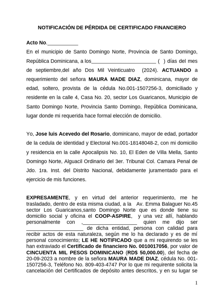 NOTIFICACIÓN DE PÉRDIDA DE CERTIFICADO FINANCIERO Maura. | PDF ...