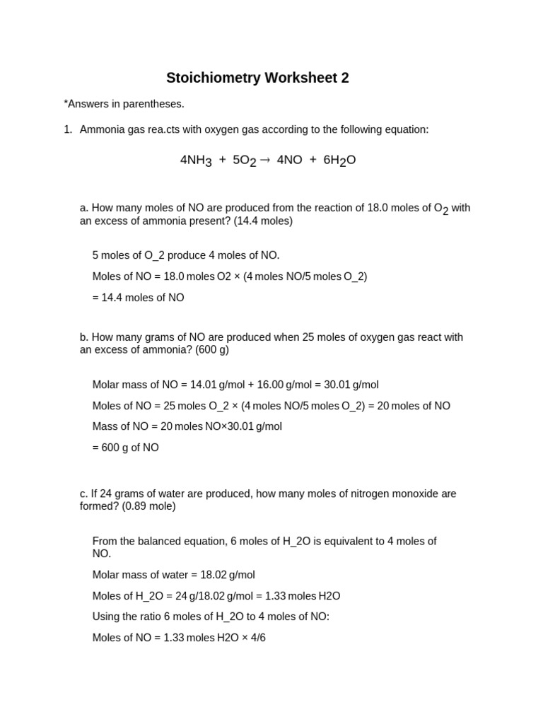 Stoichiometry Worksheet 2 Eniola Akinyemi Solved | PDF | Mole (Unit ...