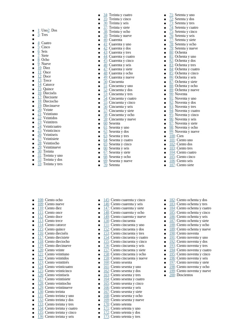 Números Del 1 Al 200 en Letras | PDF