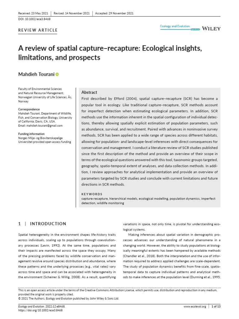 Review Of Spatial Capture Recapture Pdf Ecology Statistical Inference