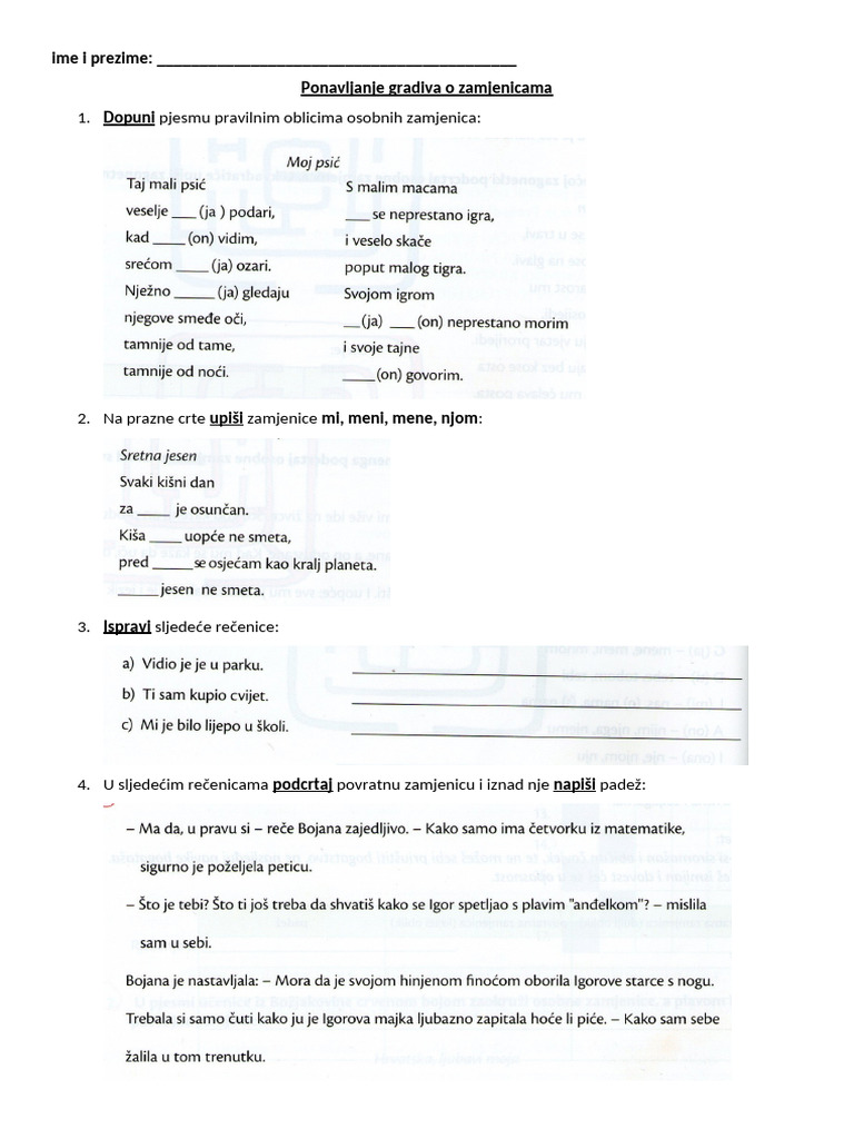 Zamjenice Vjezba2 | PDF