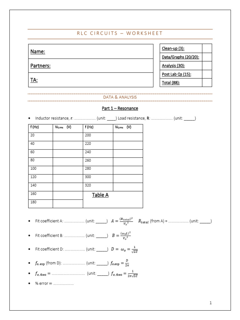 PHY 132 - RLC Circuits Worksheet | PDF | Electrical Impedance | Resonance
