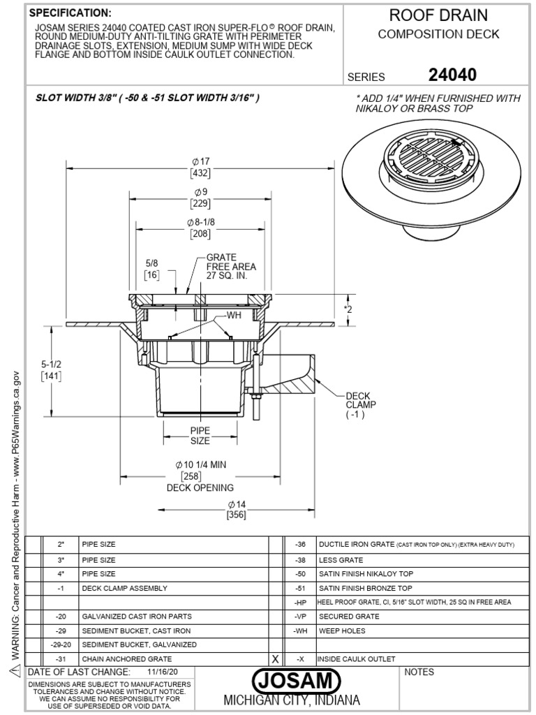 Josam 24040 Roof Drain Spec Sheet | PDF | Pipe (Fluid Conveyance ...