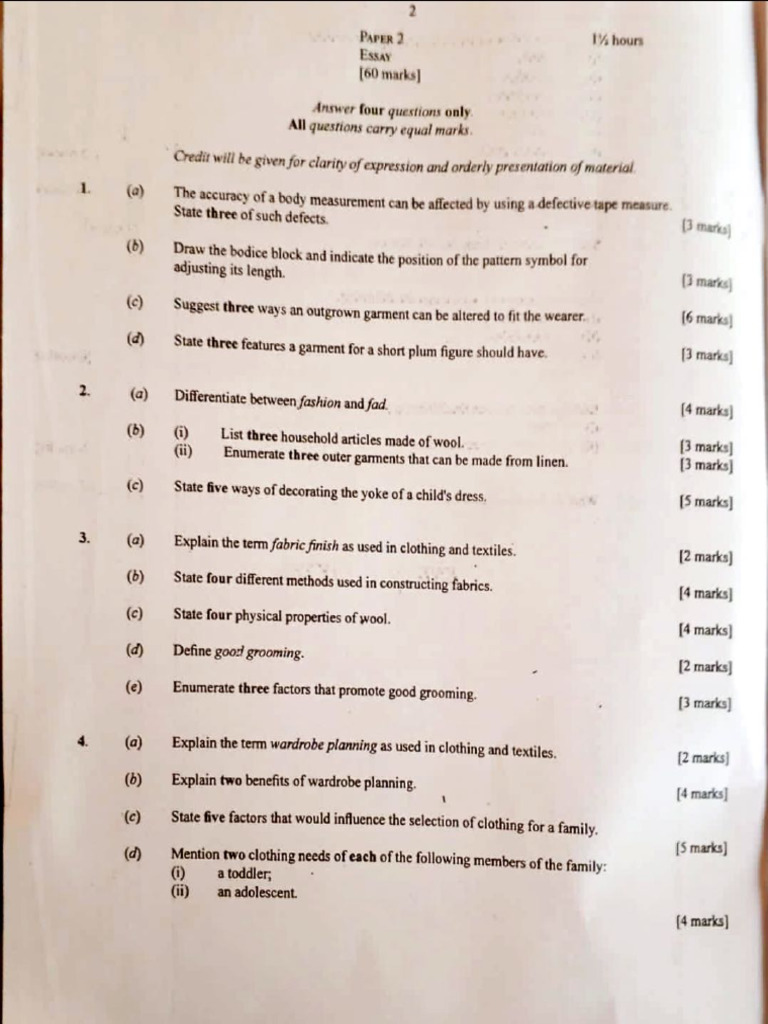 24 Waec Clothing and Textiles Questions | PDF