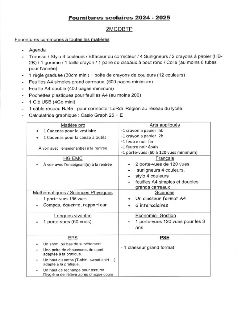Fournitures Scolaires 2nde Bac Pro MTNE, MCDBTP Et MNEMBAT Rentrée 2024 ...
