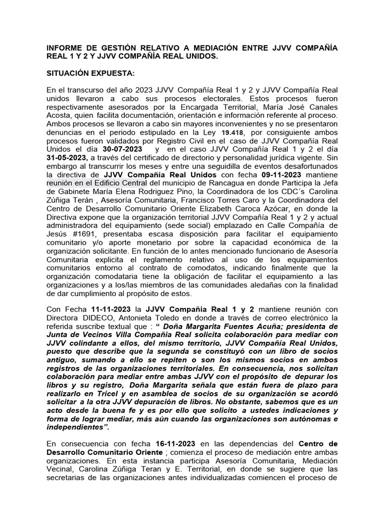 Informe de Gestión Relativo A Mediación Entre JJVV Compañia Real 1 y 2 ...