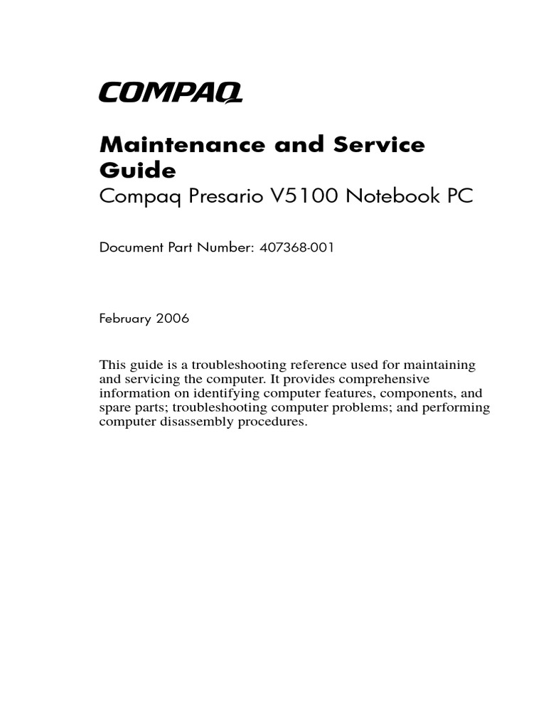 Maintenance and Service Guide: Compaq Presario V5100 Notebook PC | PDF ...