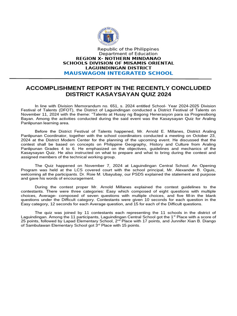 Kasaysayan Quiz Accomplishment Report 2024 | PDF