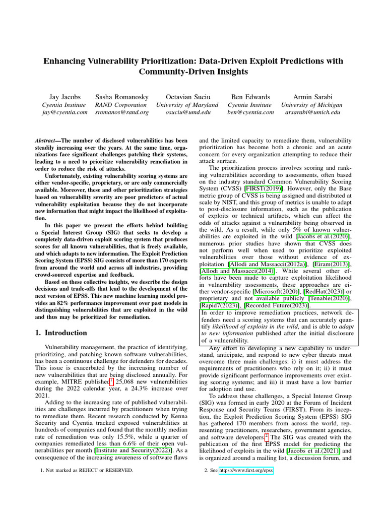 Enhancing Vulnerability Prioritization Data Driven Exploit Predictions Pdf Vulnerability