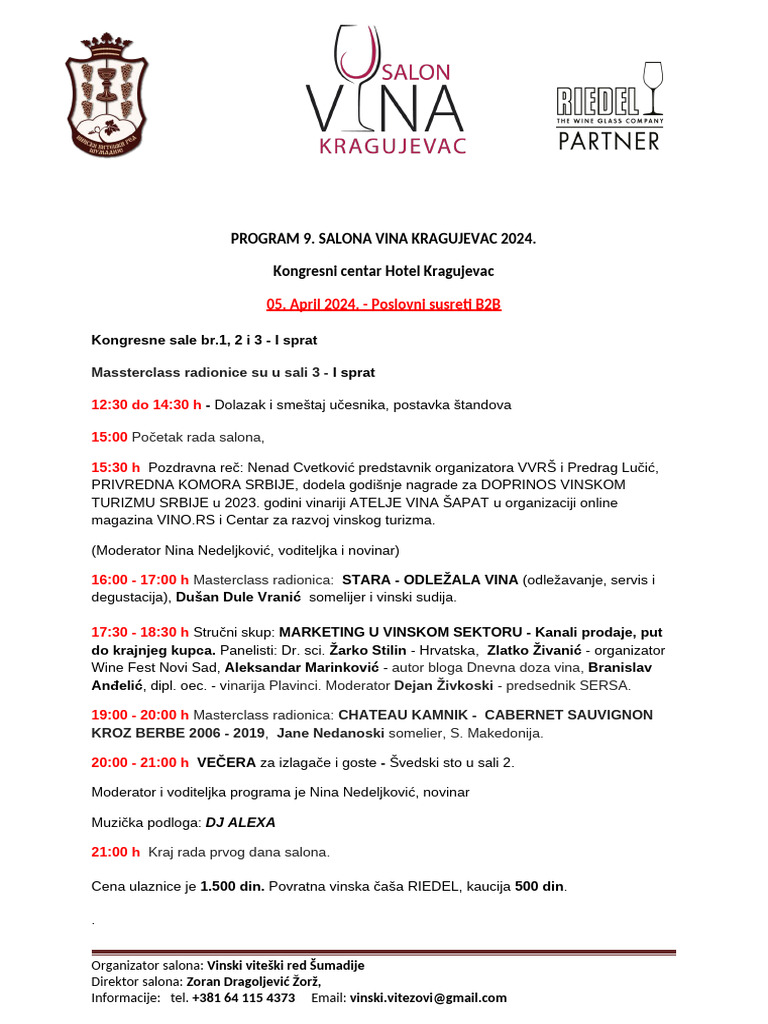 PROGRAM - 9. Salona Vina Kragujevac 2024 - V-1a | PDF