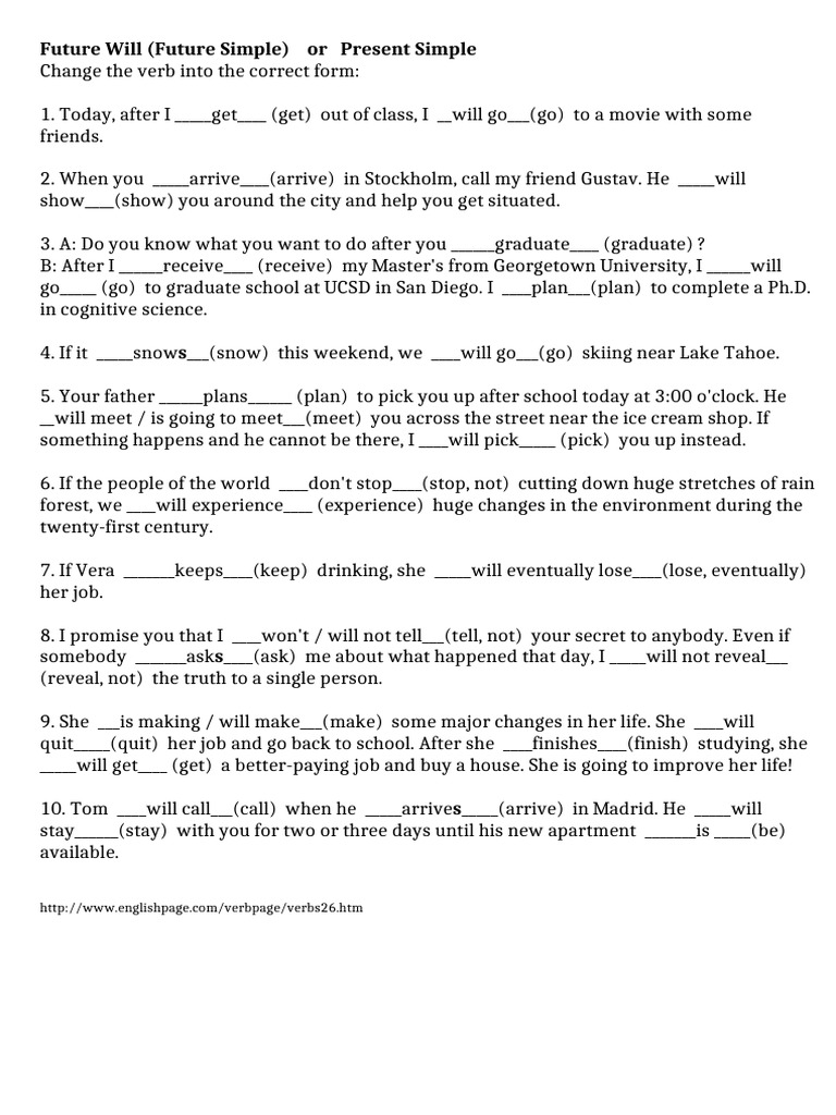 EXERC Future Will or Present Simple 2 SOLVED | PDF