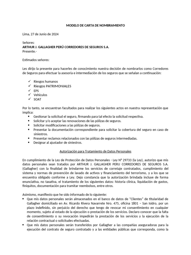 Carta de Nombramiento | PDF | Seguro | Póliza de seguros