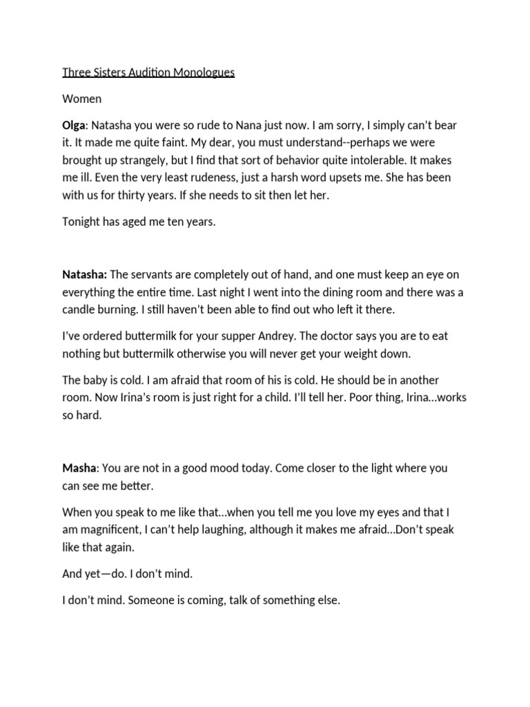 Three Sisters Audition Monologues | PDF