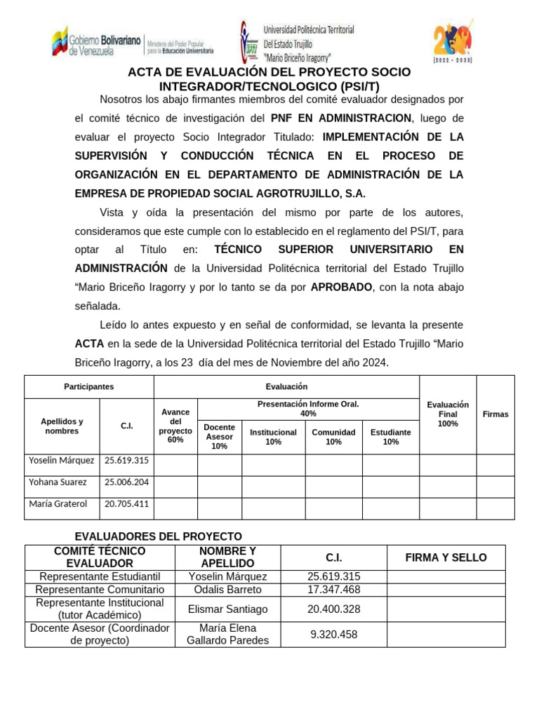 Acta de Proyecto Socio Integrador | PDF