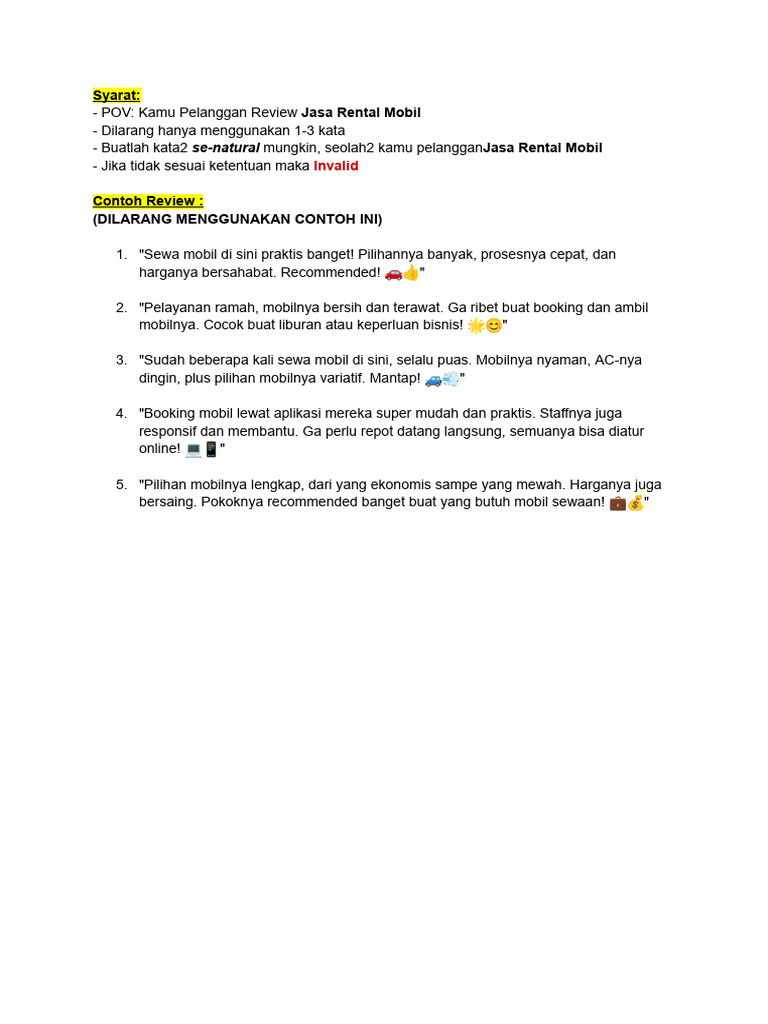 Contoh Review Rental Mobil | PDF