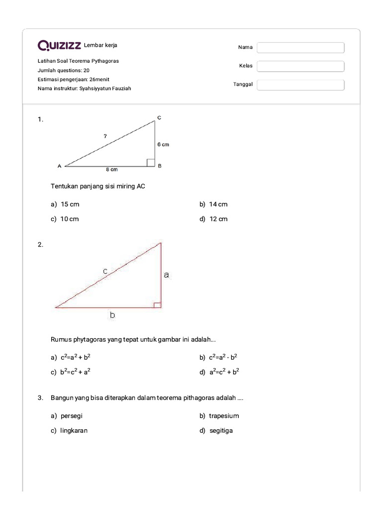 Latihan Soal Teorema Pythagoras - Quizizz | PDF