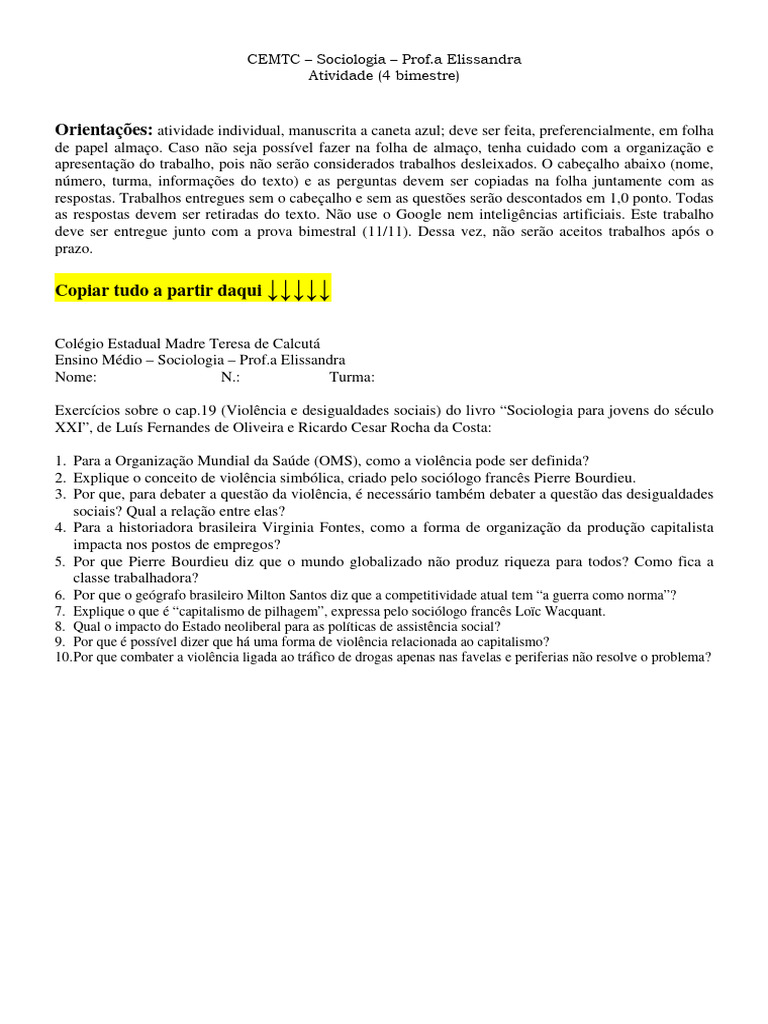 Exercícios Sobre o Cap19 - Violência e Desigualdades Sociais | PDF
