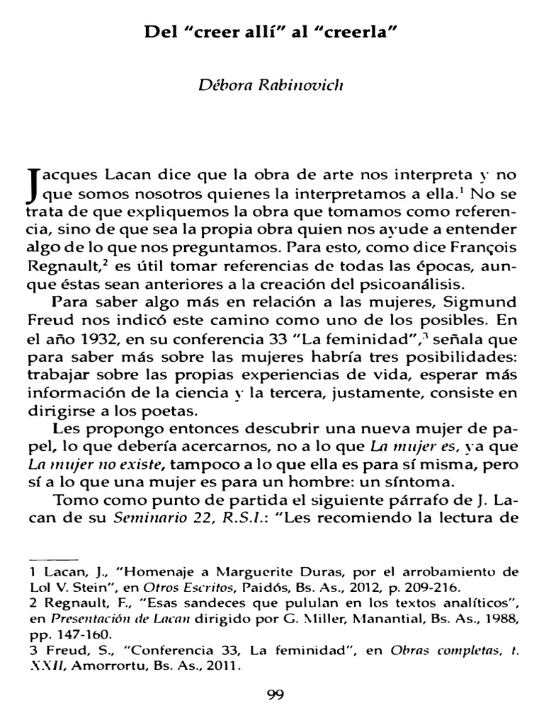 Del Creer Allí Al Creerla - Debora Rabinovich | PDF | Jacques Lacan ...