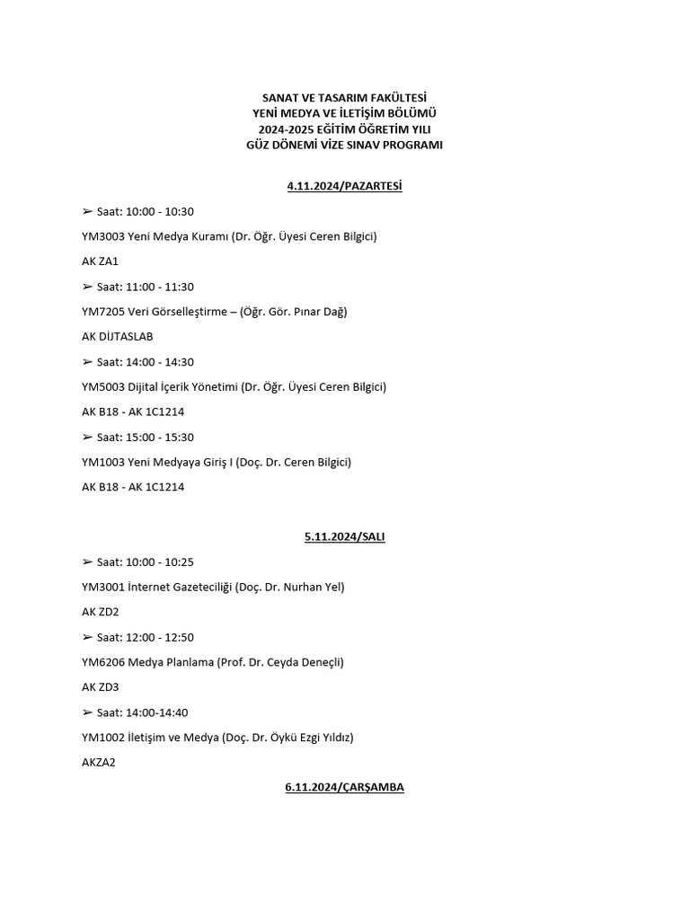 2024-2025 Güz Vi̇ze Sinav Programi | PDF