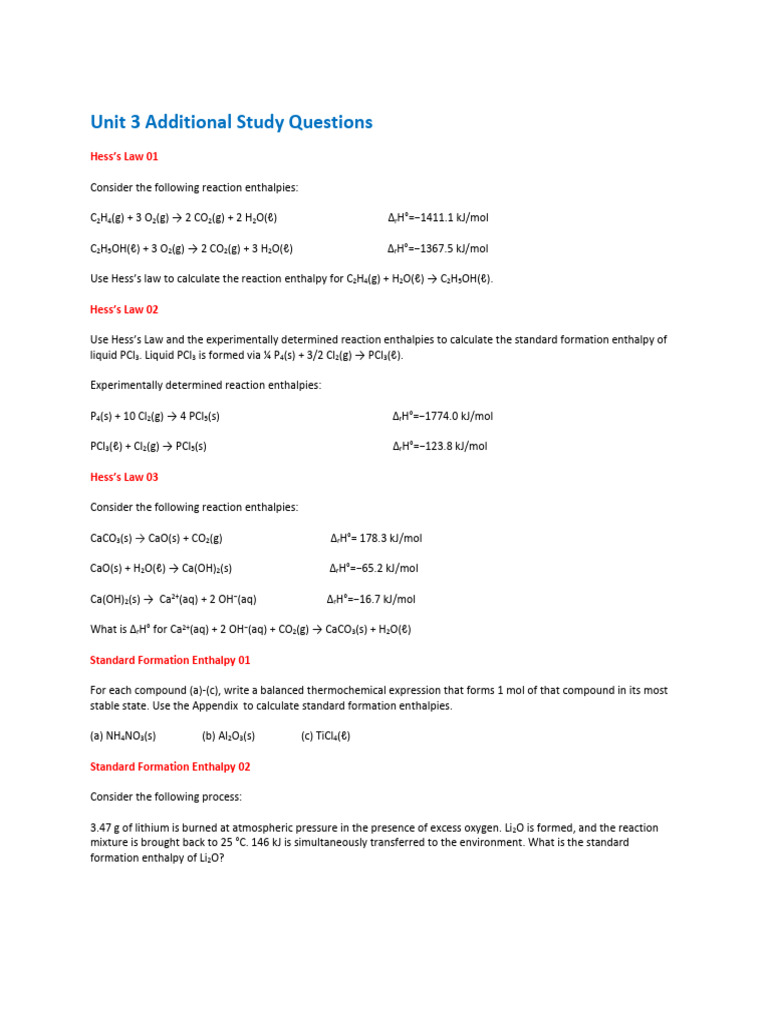 Hess's Law & Enthalpy Study Guide | PDF | Chemical Equilibrium ...
