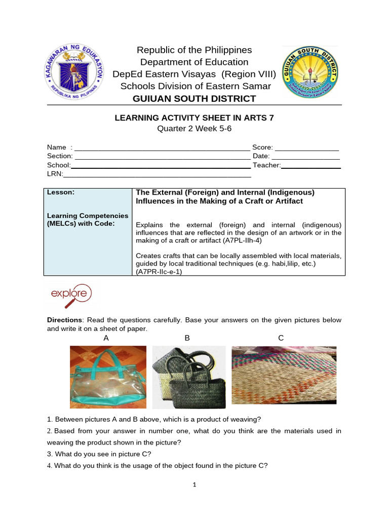 MAPEH7 ARTS LAS Q2 WEEK5-6 v2 | PDF | Weaving | Textiles