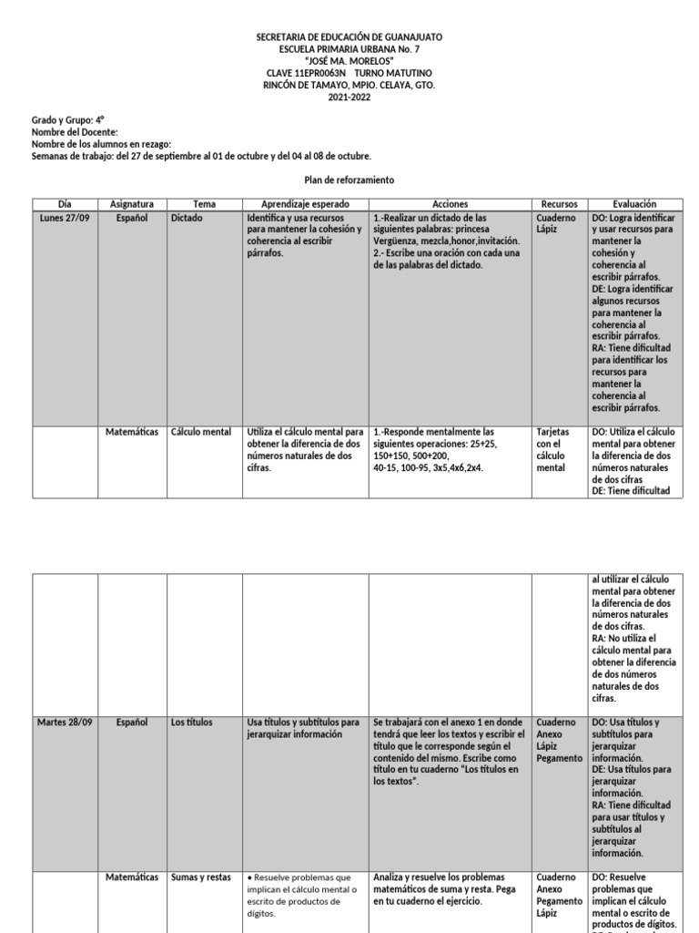 Plan De Reforzamiento Pdf Sustracción