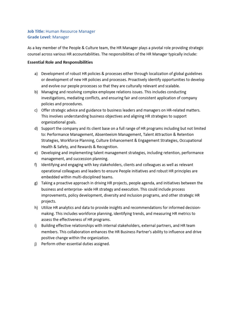 Human Resources Manager Job Description | PDF | Human Resource ...