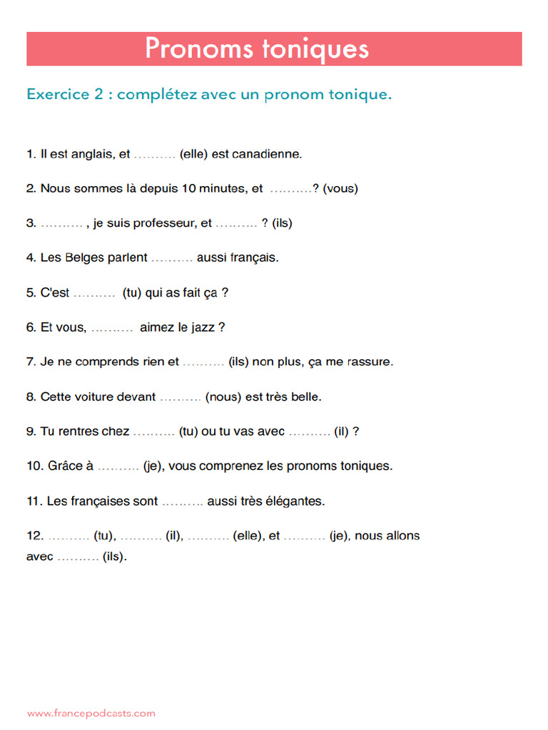 Pronoms Toniques Exercice 2 Et Corrigé | PDF