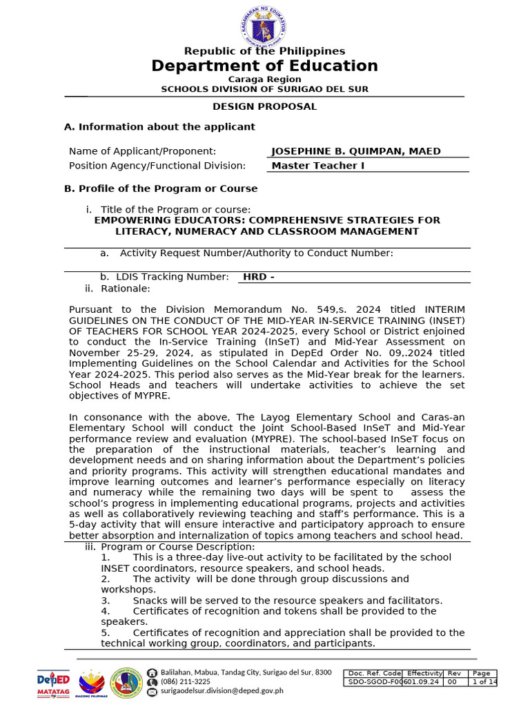 Inset Proposal For Teaching Sy 2024-2025 | PDF | Behavior Modification | Learning