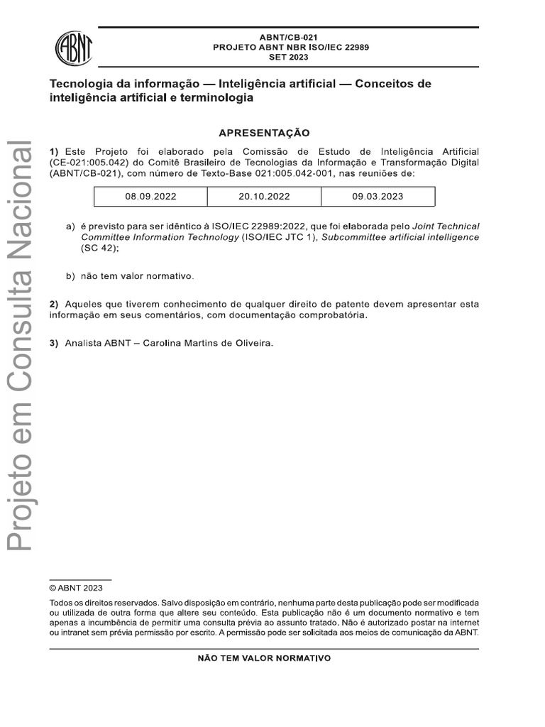 ABNT ISO 22989 Conceitos de Inteligência Artificial e Terminologia | PDF