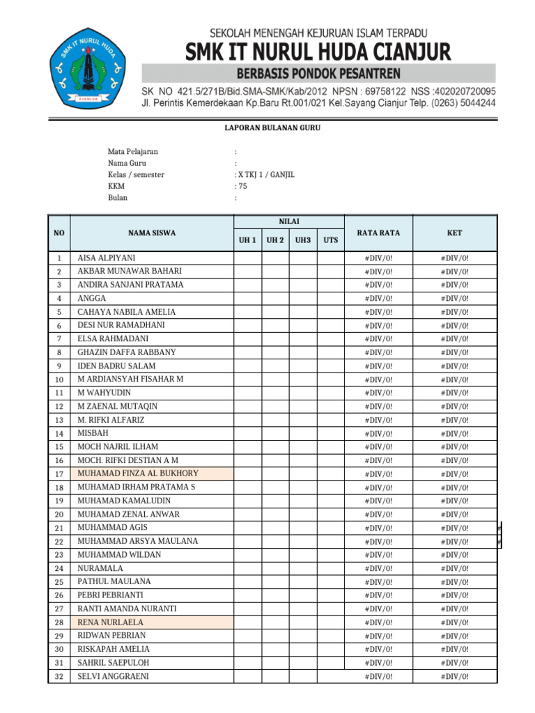 Format Nilai Ulangan Harian Dan PTS | PDF