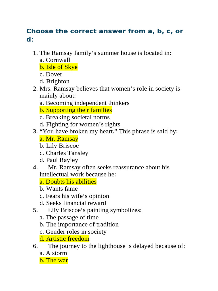 Questions of Novel To The Lighthouse | PDF | To The Lighthouse