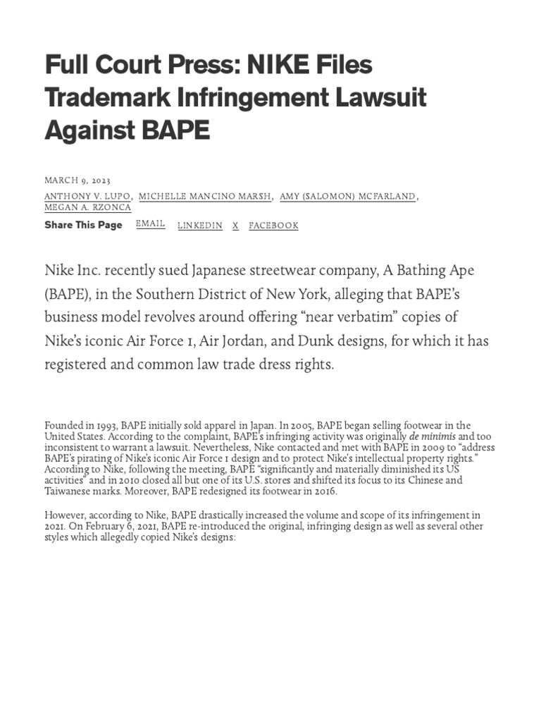 Full Court Press - NIKE Files Trademark Infringement Lawsuit Against ...