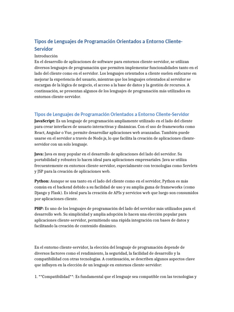 Lenguajes de Programación Cliente-Servidor | PDF | Modelo cliente ...
