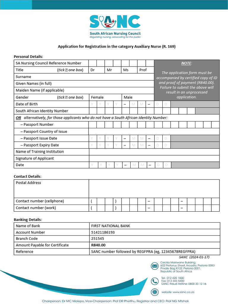 SANC Applic For Registration in The Category Aux Nurse R.169 2024 | PDF