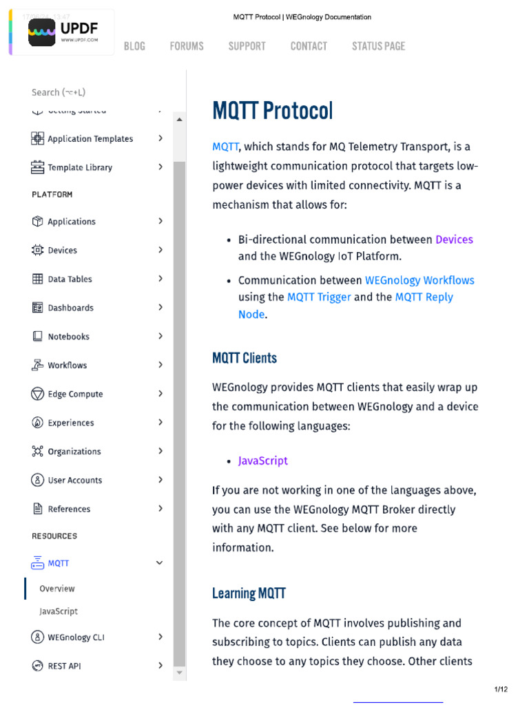 MQTT Protocol - WEGnology Documentation | PDF