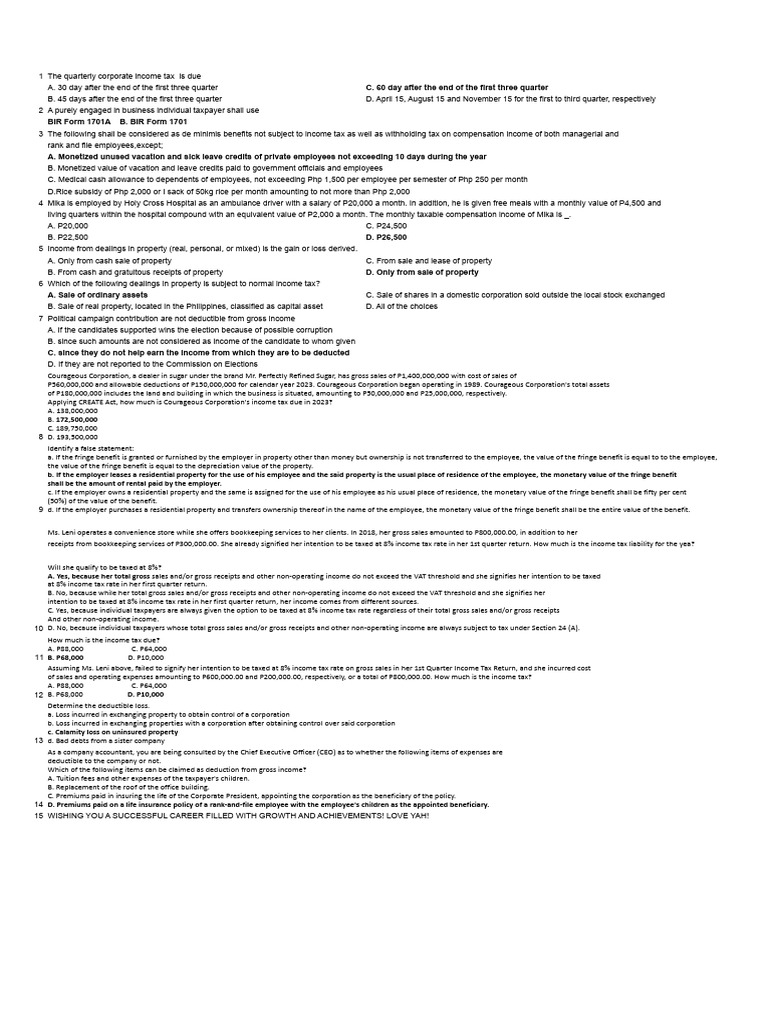 Bam 031 Income Taxation Quiz | PDF | Employee Benefits | Taxes