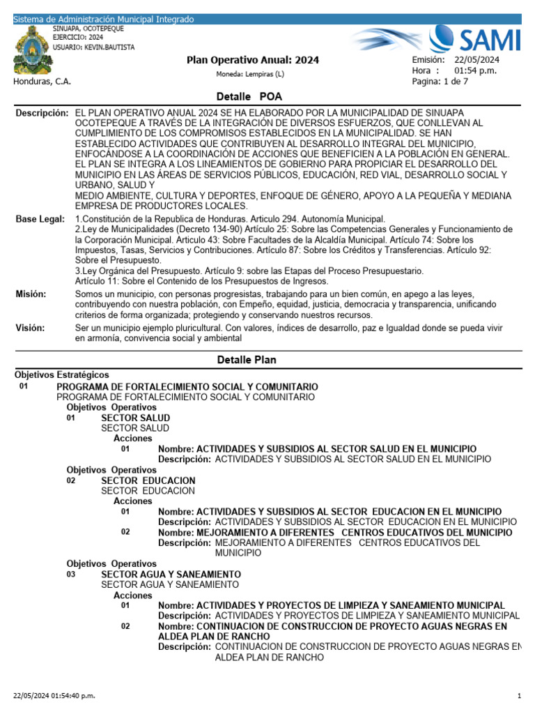 Plan Operativo Anual 2024 Sinuapa | PDF | Presupuesto | Saneamiento