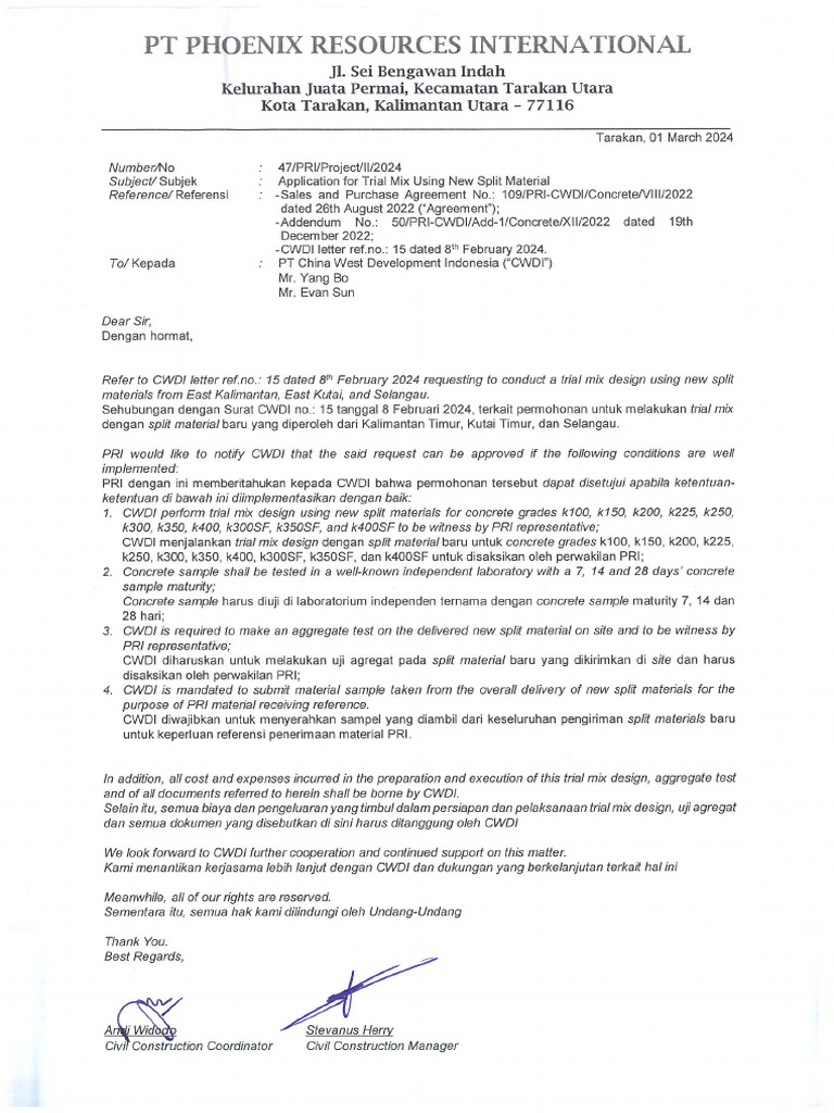 47-PRI-PROJECT-II-2024 LETTER - Application For Trial Mix Using New ...