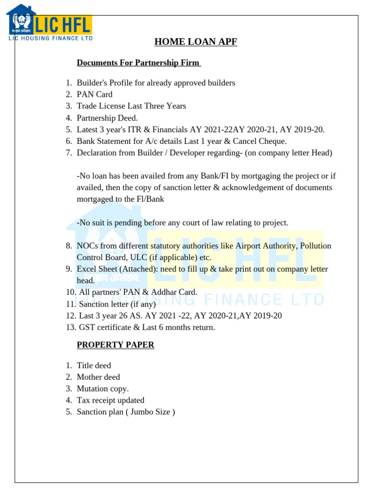 APF - List of Documents Partnership LICHFL | PDF