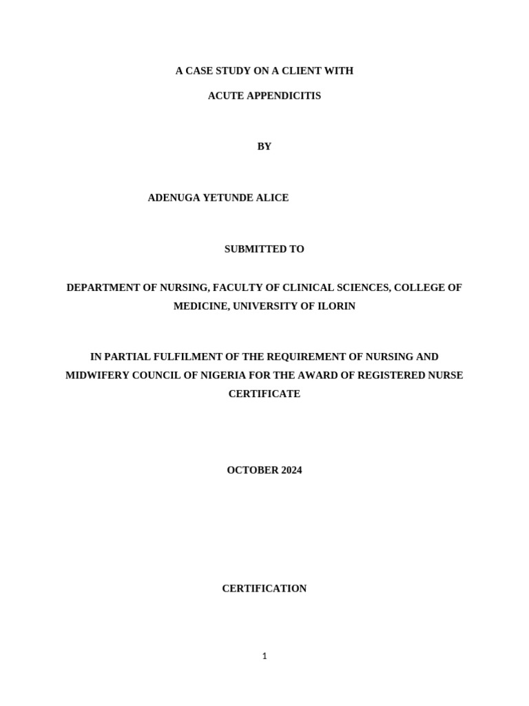 Client Care Appendicitis | PDF | Surgery | Vein