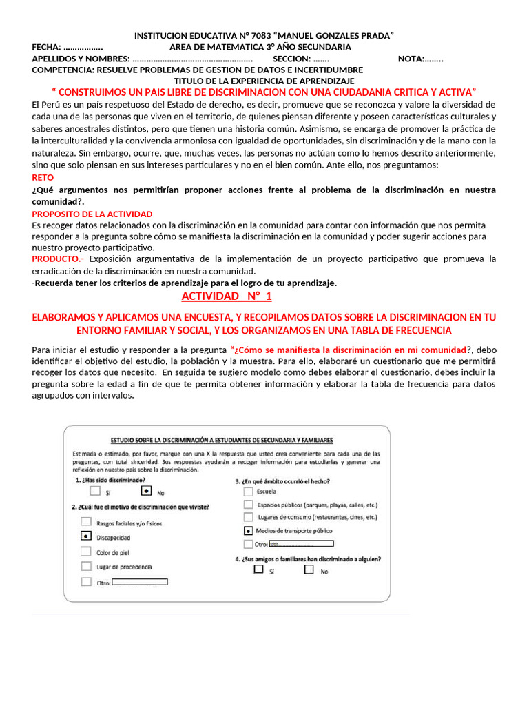 Activida 1 de Estadistica 3° | PDF | Metodología de encuesta | Discriminación