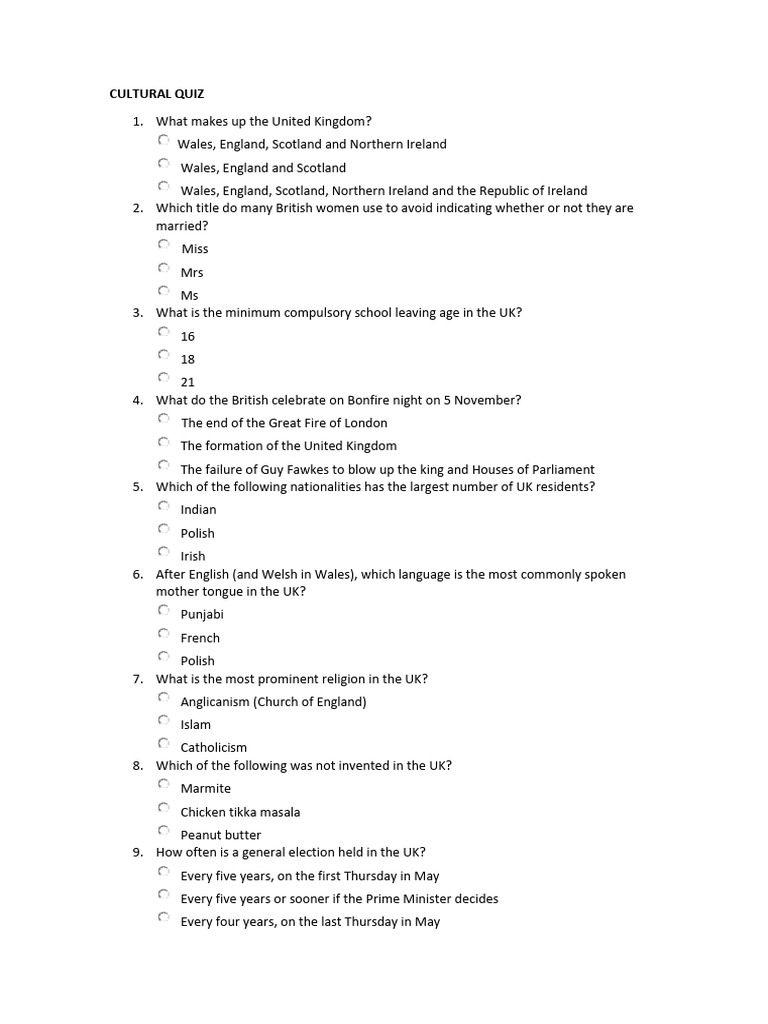 UK Cultural Quiz: Test Your Knowledge | PDF | United Kingdom | England