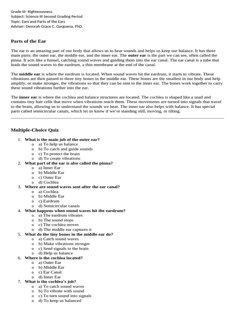 Grade III - Ears Activity | PDF | Ear | Human Anatomy