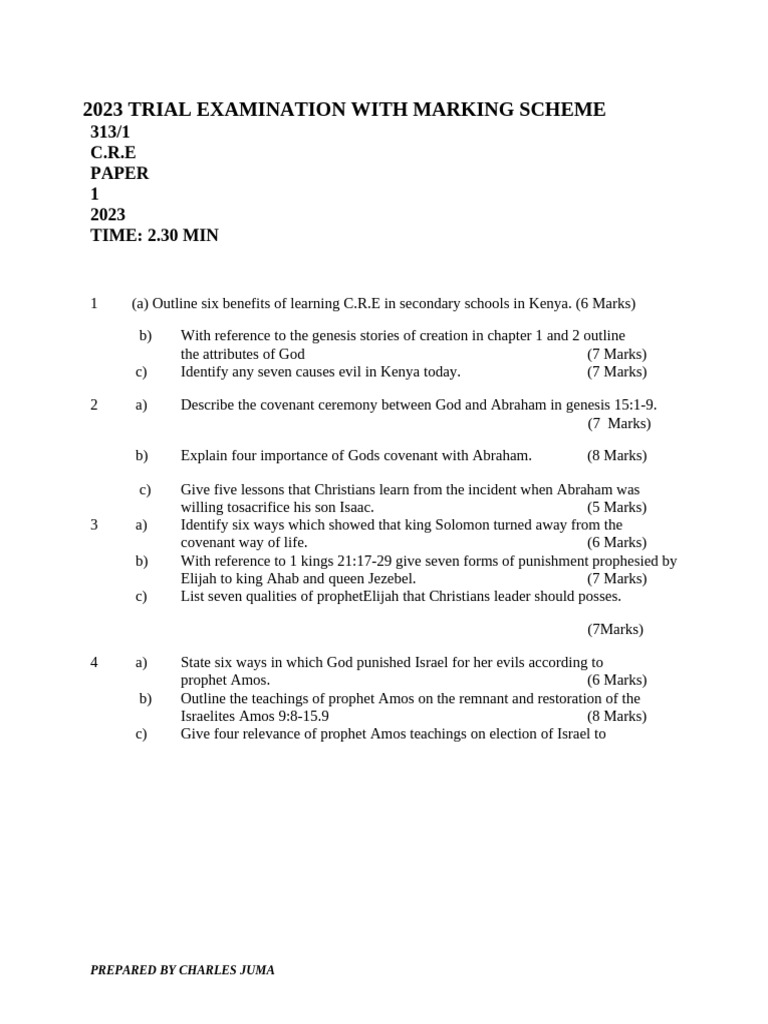 KCSE 2023 CRE Paper 1 Questions & Marking | PDF | Religious Belief And ...