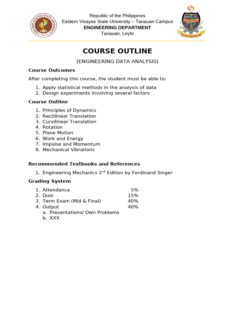 Engineering Data Analysis Course Outline | PDF