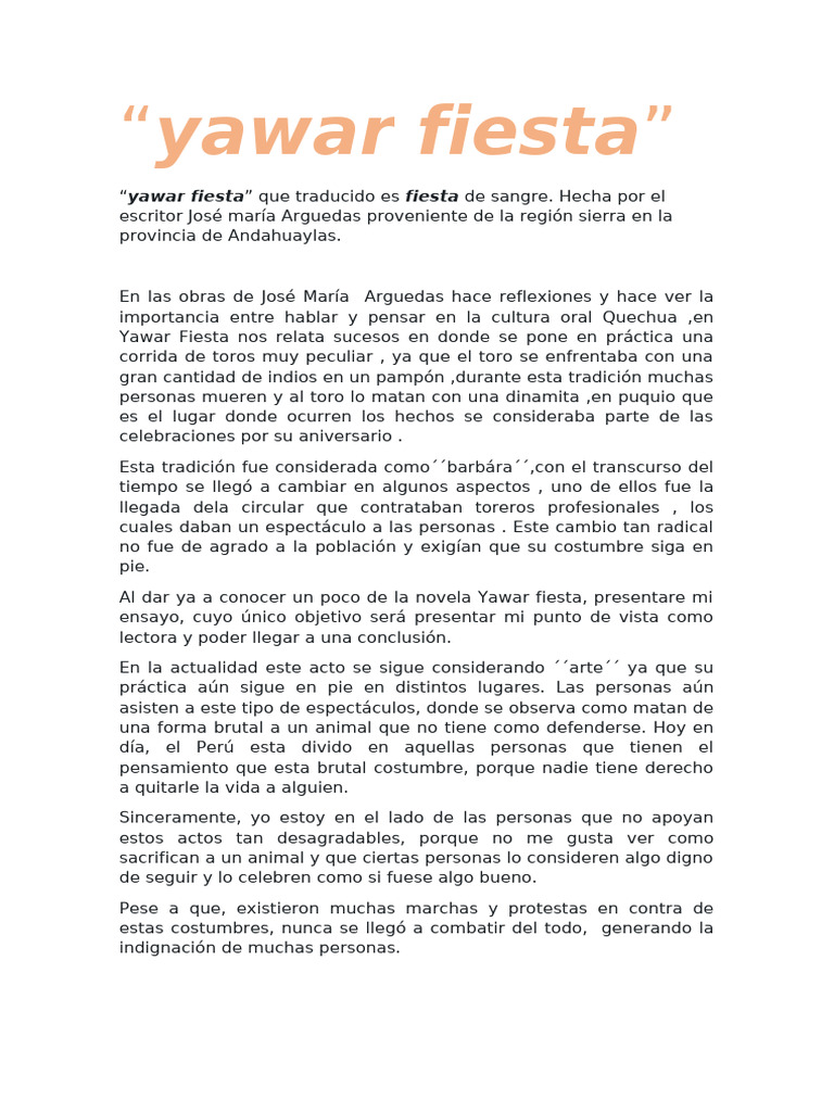 Ensayo Yawar Fiesta | PDF
