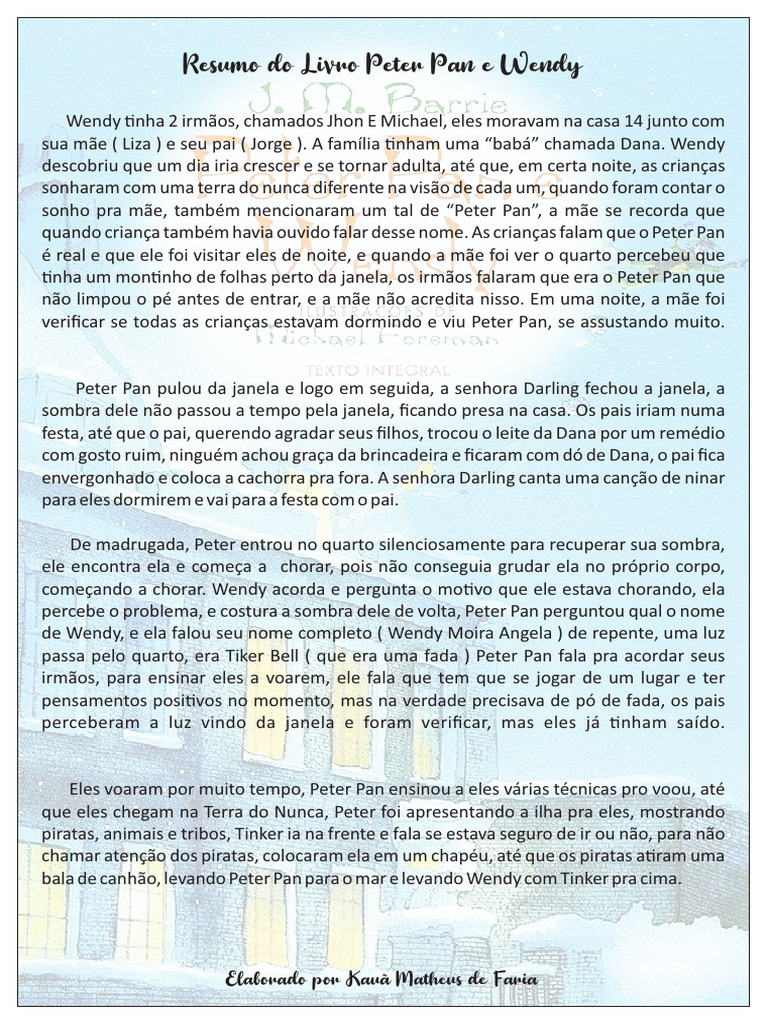 Resumo Livro Peter Pan e Wendy - Kauã | PDF | Peter e Wendy | Pirataria
