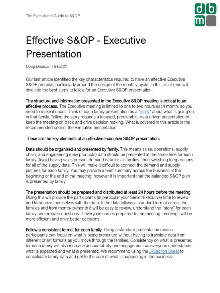 Executive S&OP Presentation Guide | PDF | Inventory | Business