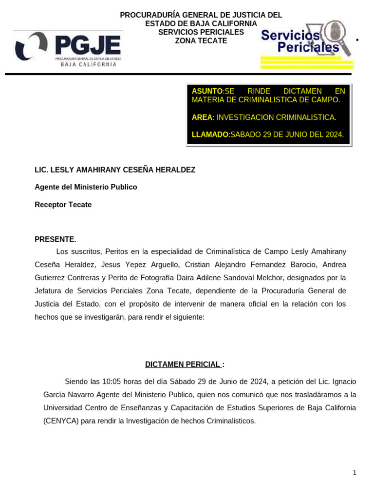 Dictamen Pericial de Criminalística en Tecate | PDF | Tecnicas ...